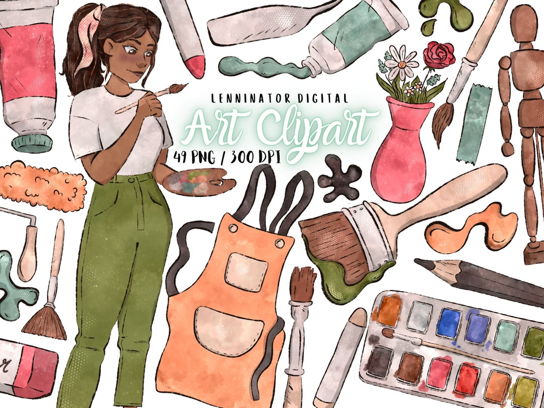 Watercolor Art Clipart - Hand Drawn PNG Painting Supplies - Art Class ...