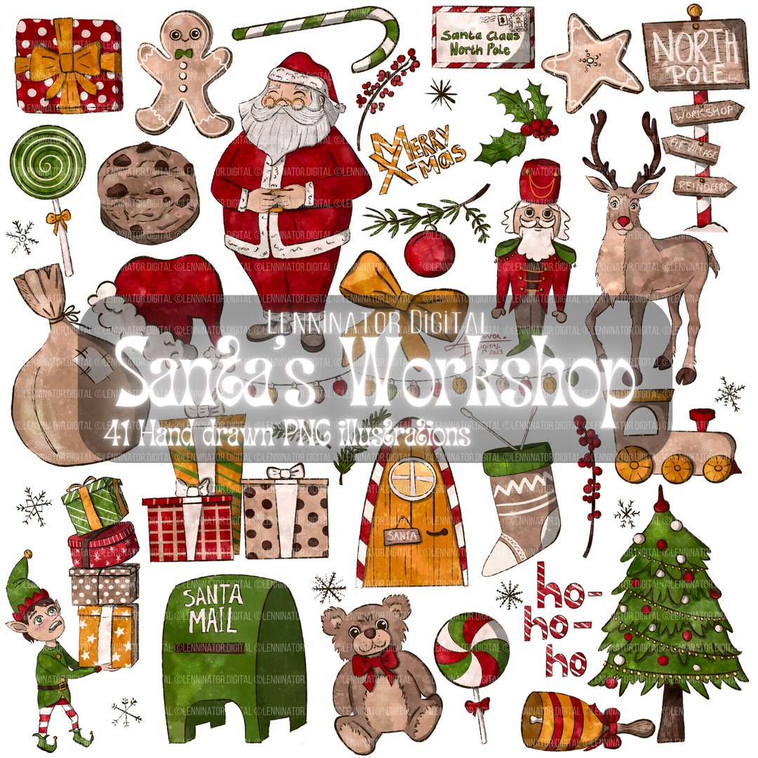 Santa's Workshop PNG Watercolor Christmas Clipart Illustrations, Hand ...