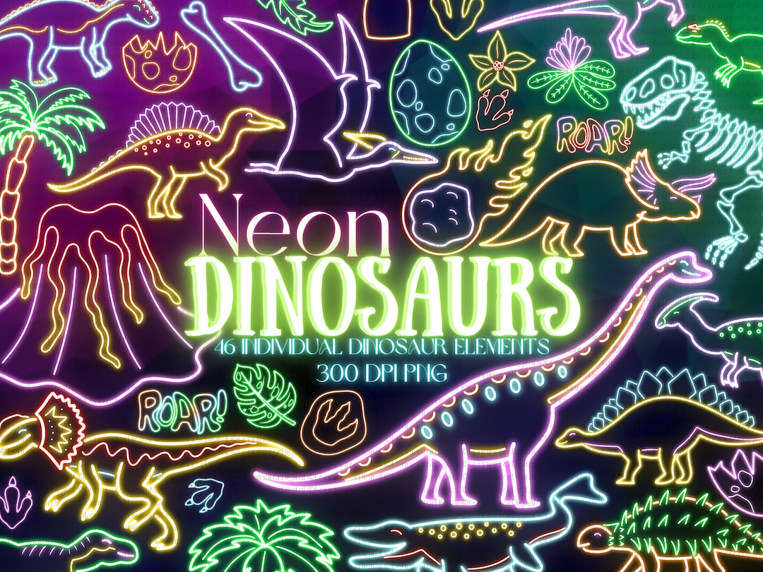 Neon Dinosaur Clipart PNG - Jurassic Dino Doodle Stickers - Glowing ...