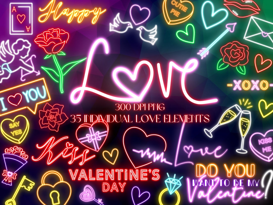 Neon Love Clipart Bundle, Glowing Wedding PNG Graphics, Neon Valentine ...