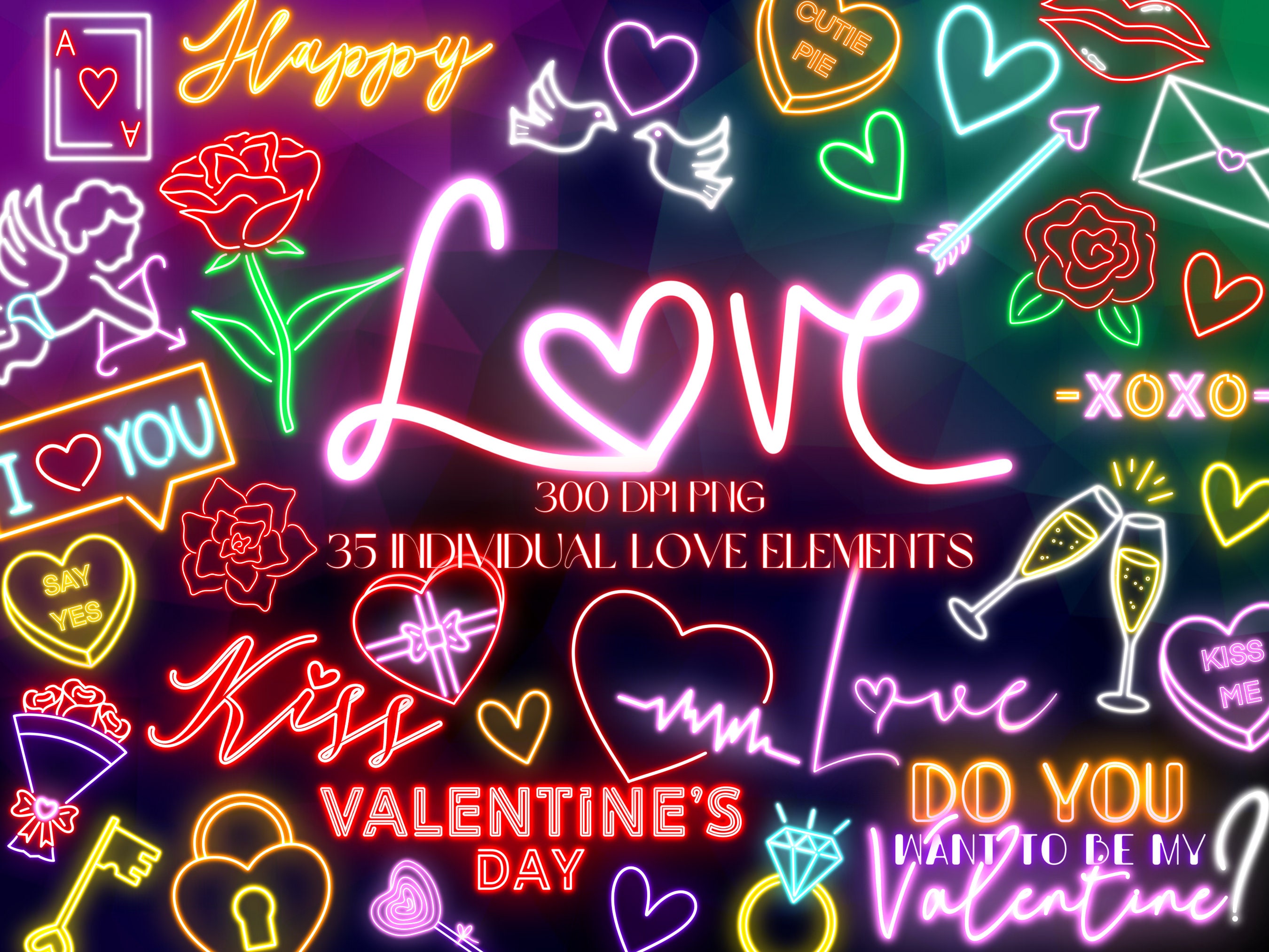 Neon Love Clipart Bundle, Glowing Wedding PNG Graphics, Neon Valentine ...