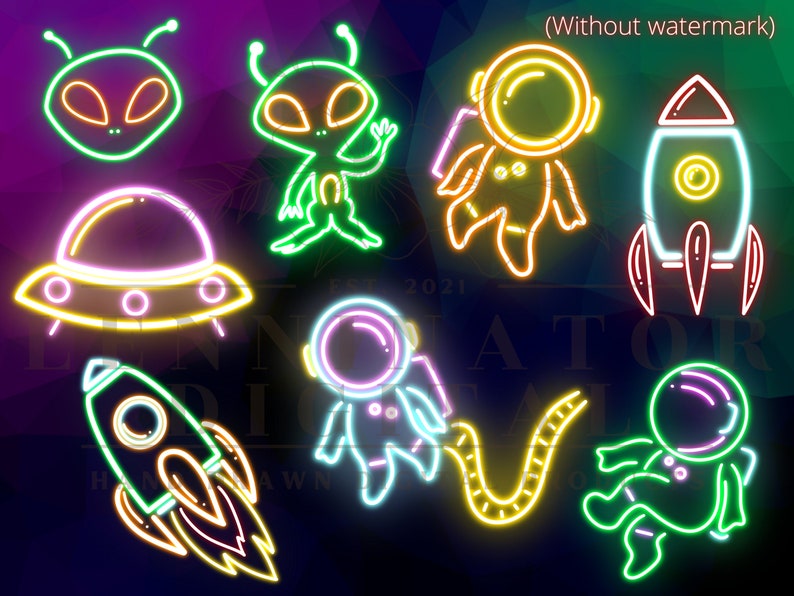 Neon Space Clipart Bundle, Glowing Galaxy PNG Doodles, Celestial ...