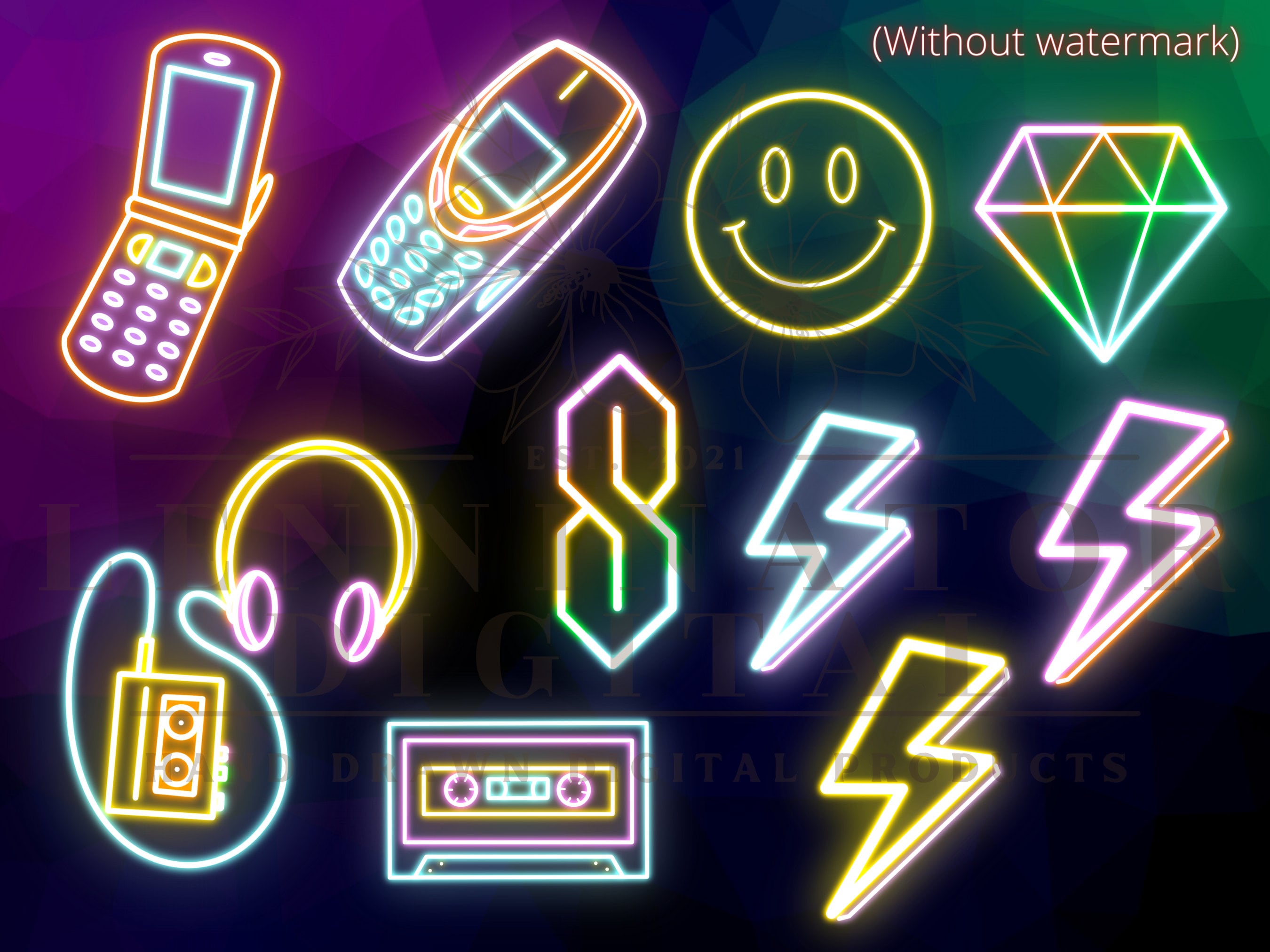 Retro 80s 90s Neon Clipart Bundle PNG Digital Download, Nostalgic Toys ...