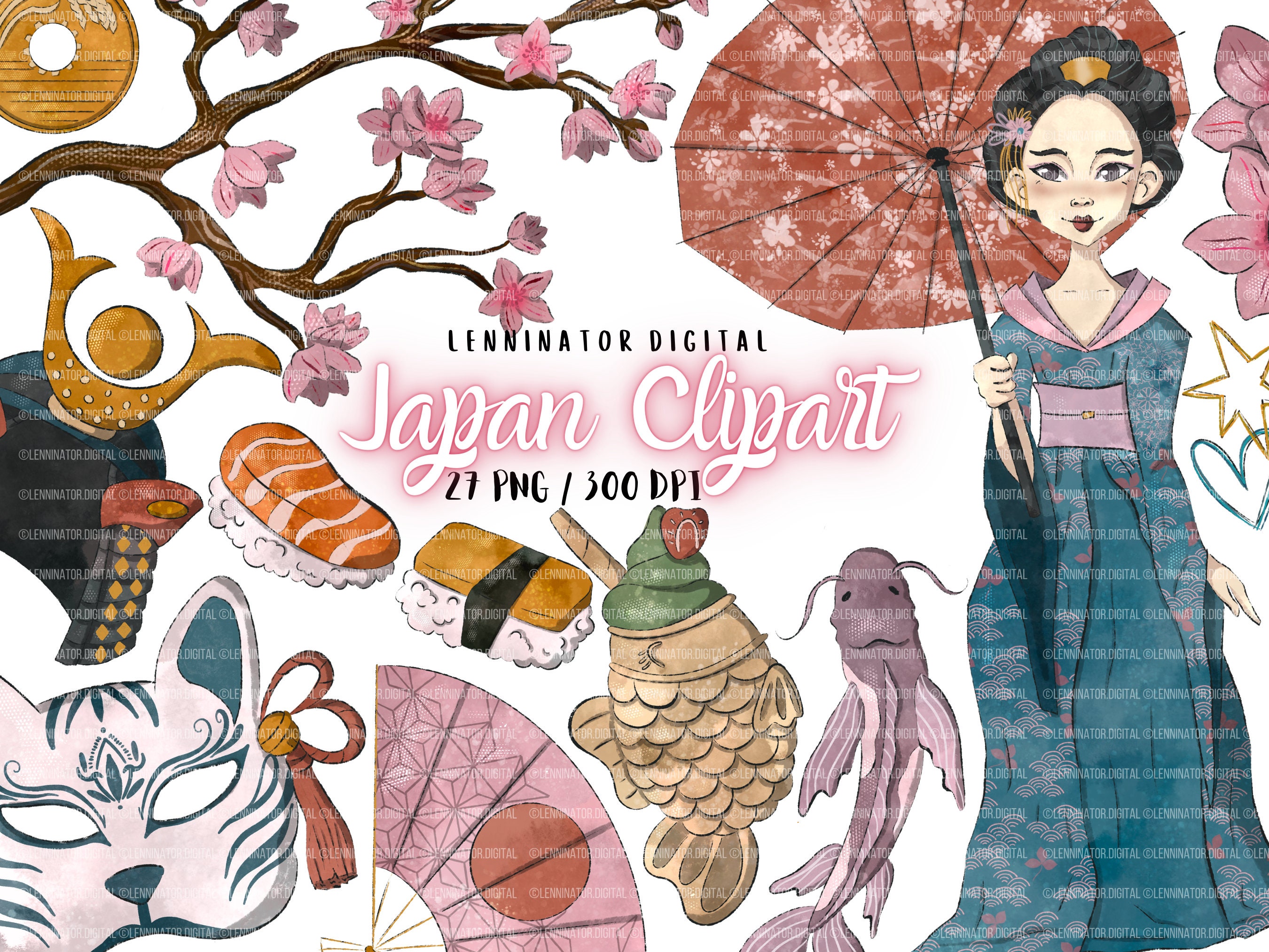 Hand Drawn Japan Clipart Set PNG Digital Watercolor Planner Stickers ...