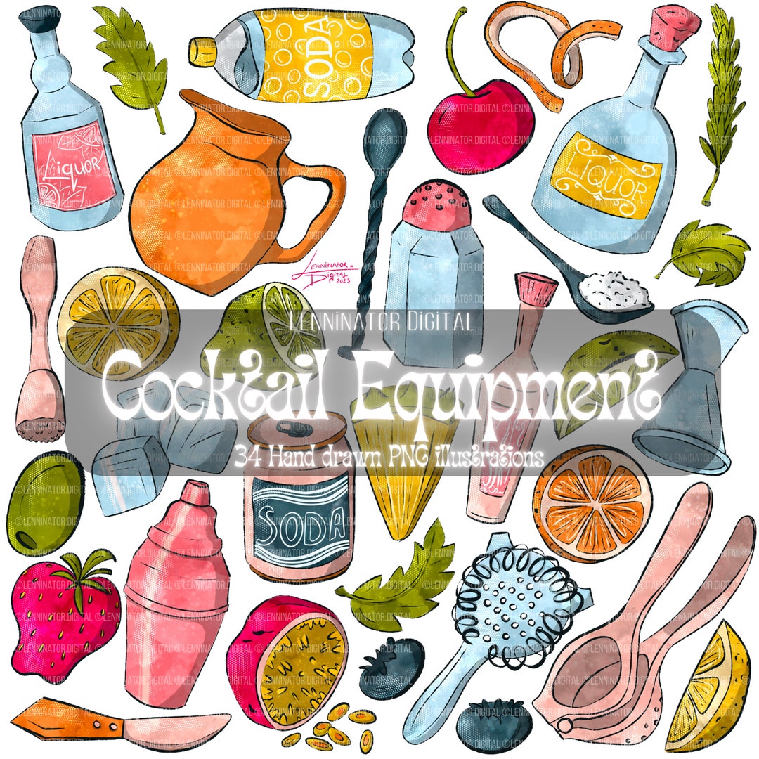 Hand Drawn Cocktail Equipment Watercolor Clipart, Cute Cartoon Fruit ...