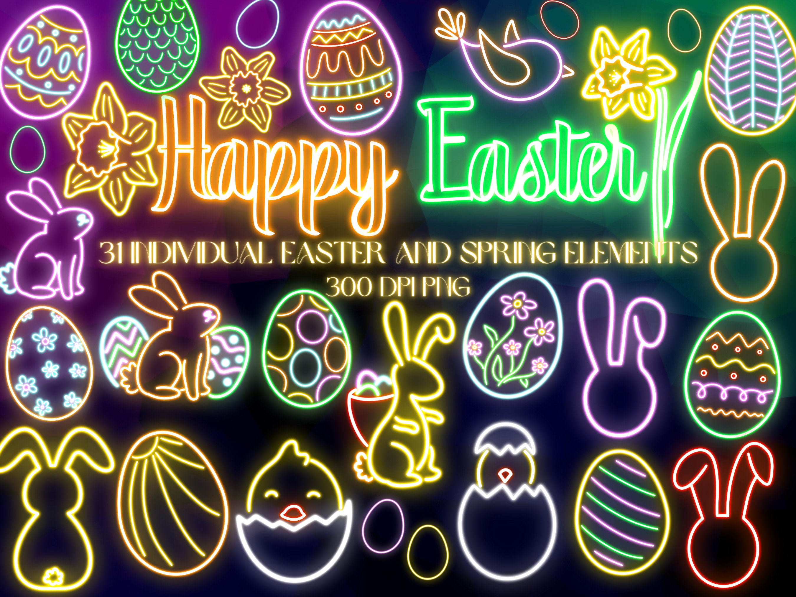 Neon Easter Spring Clipart Bundle | Retro Stickers Digital Download ...