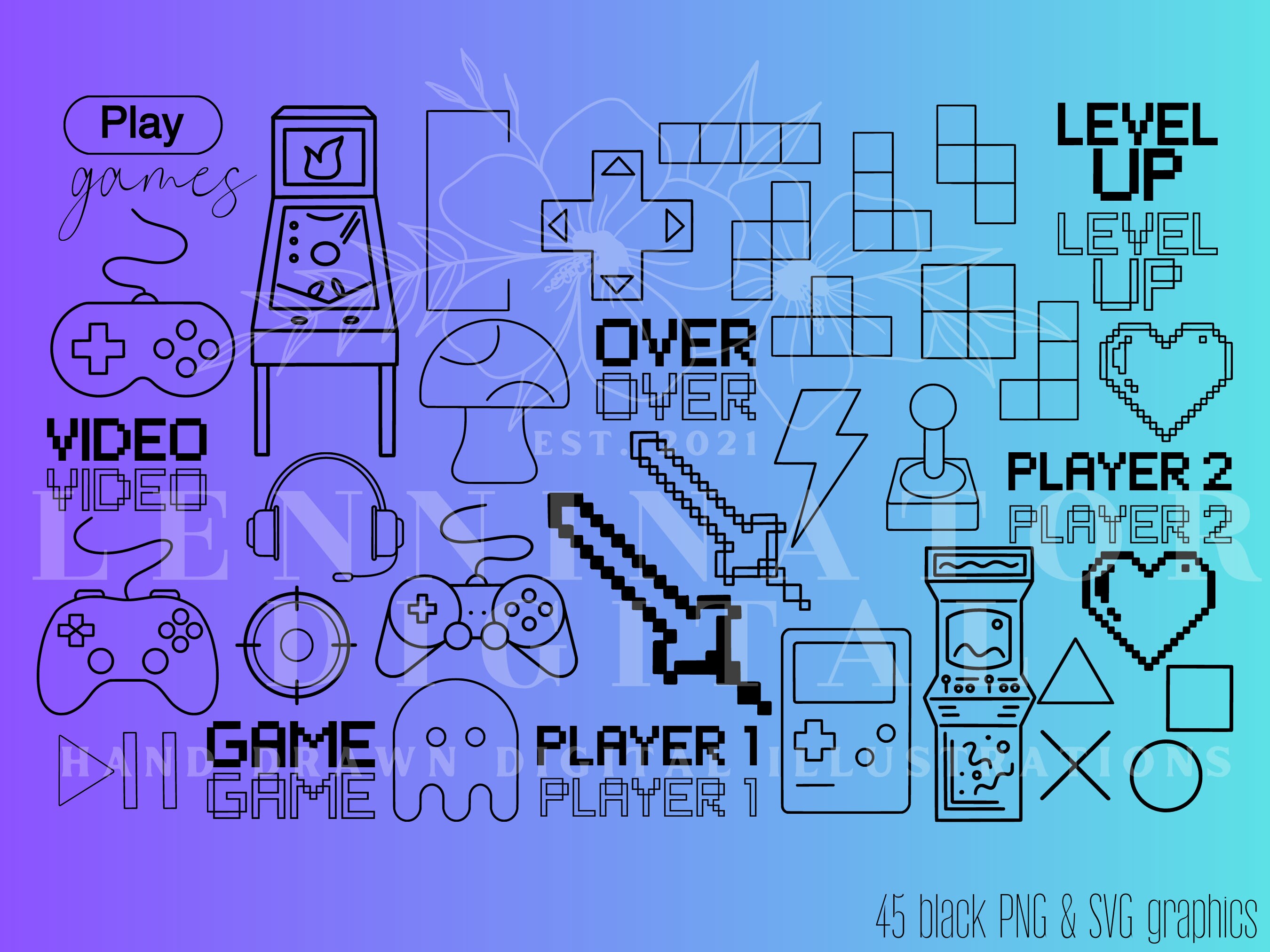 Retro Video Games Doodle SVG PNG Clipart Bundle | Simple Black and ...