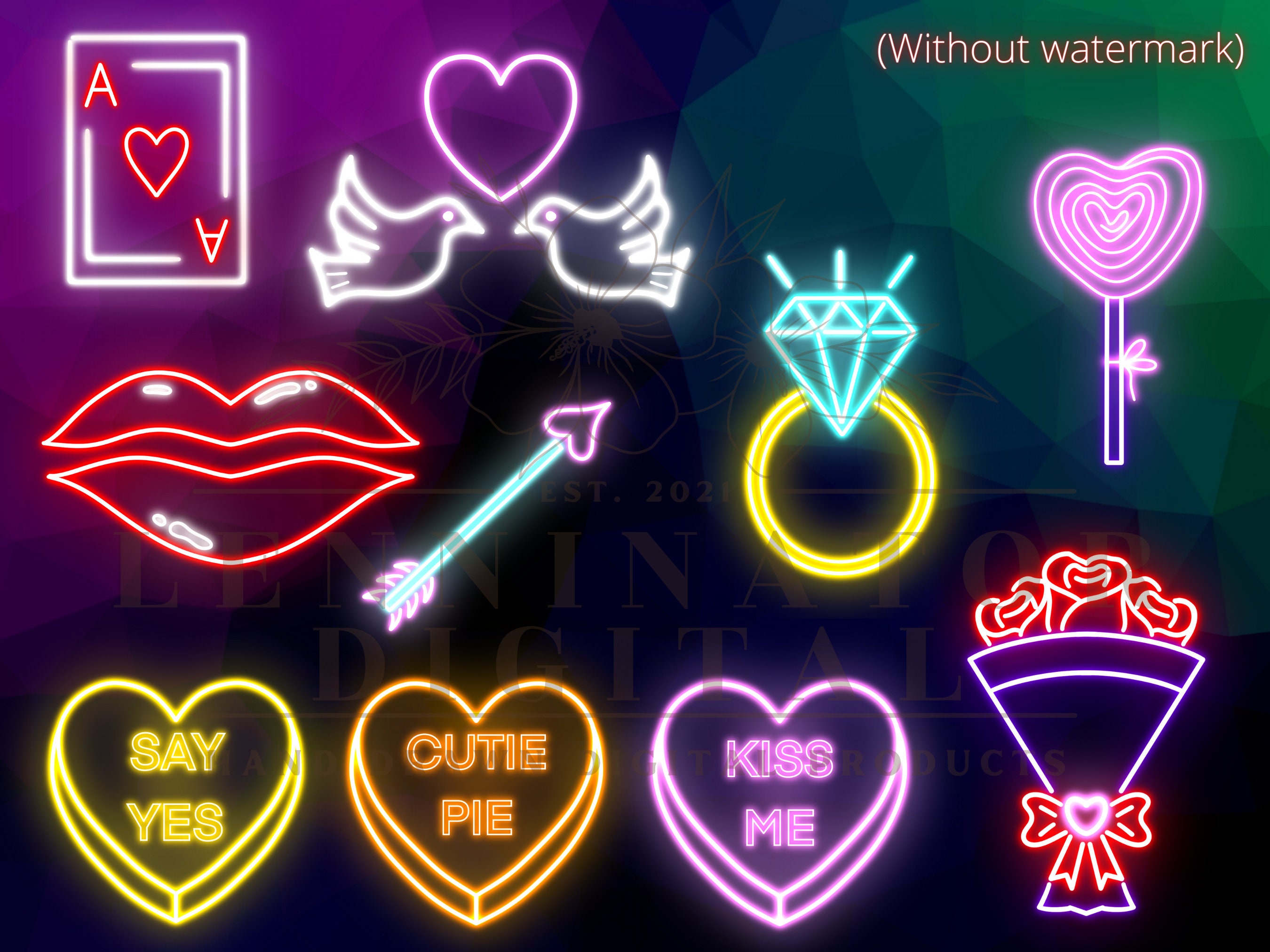 Neon Love Clipart Bundle, Glowing Wedding PNG Graphics, Neon Valentine ...