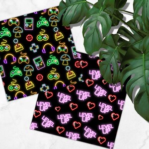 Retro Neon Video Game Digital Paper Set | Glowing Background | Nineties ...