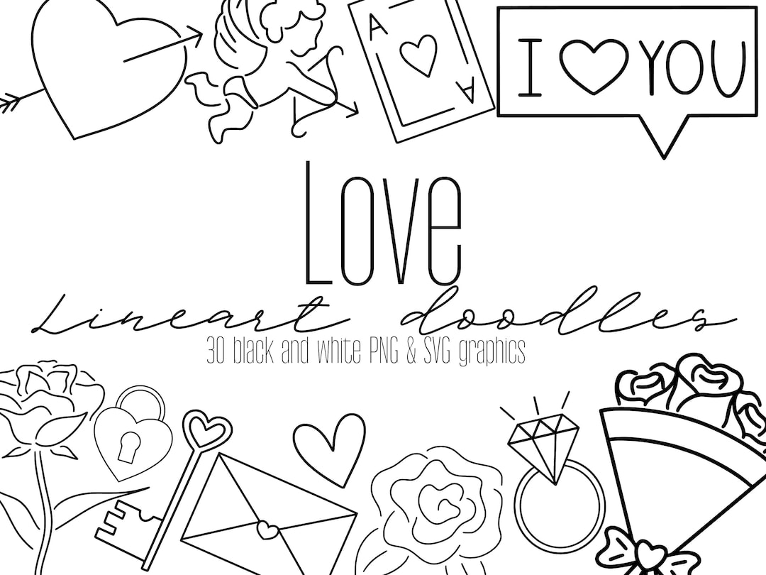 Love Doodles SVG PNG Clipart Bundle, Simple Black and White Love ...