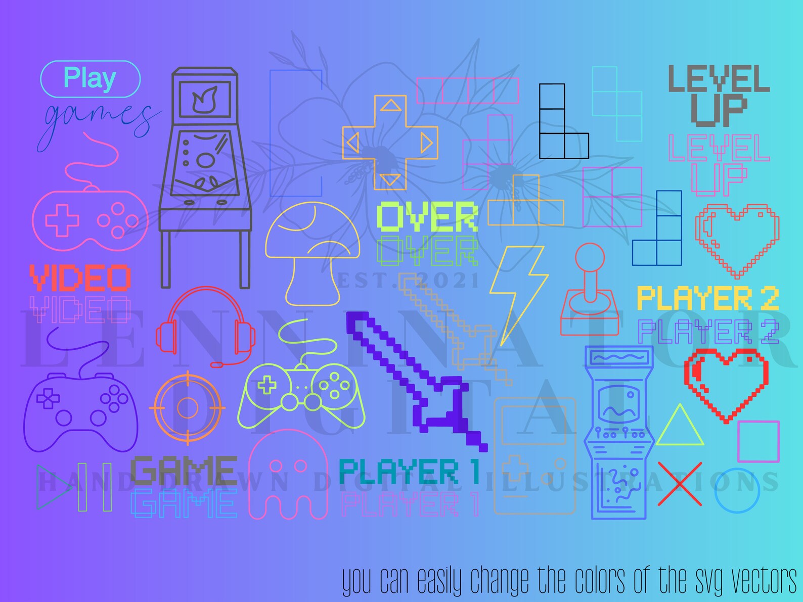 Retro Video Games Doodle SVG PNG Clipart Bundle | Simple Black and ...