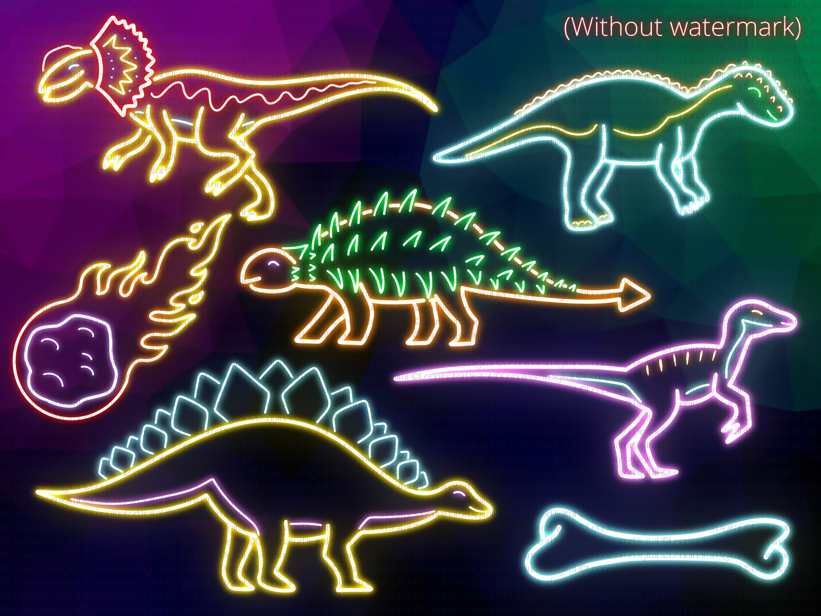 Neon Dinosaur Clipart PNG - Jurassic Dino Doodle Stickers - Glowing ...