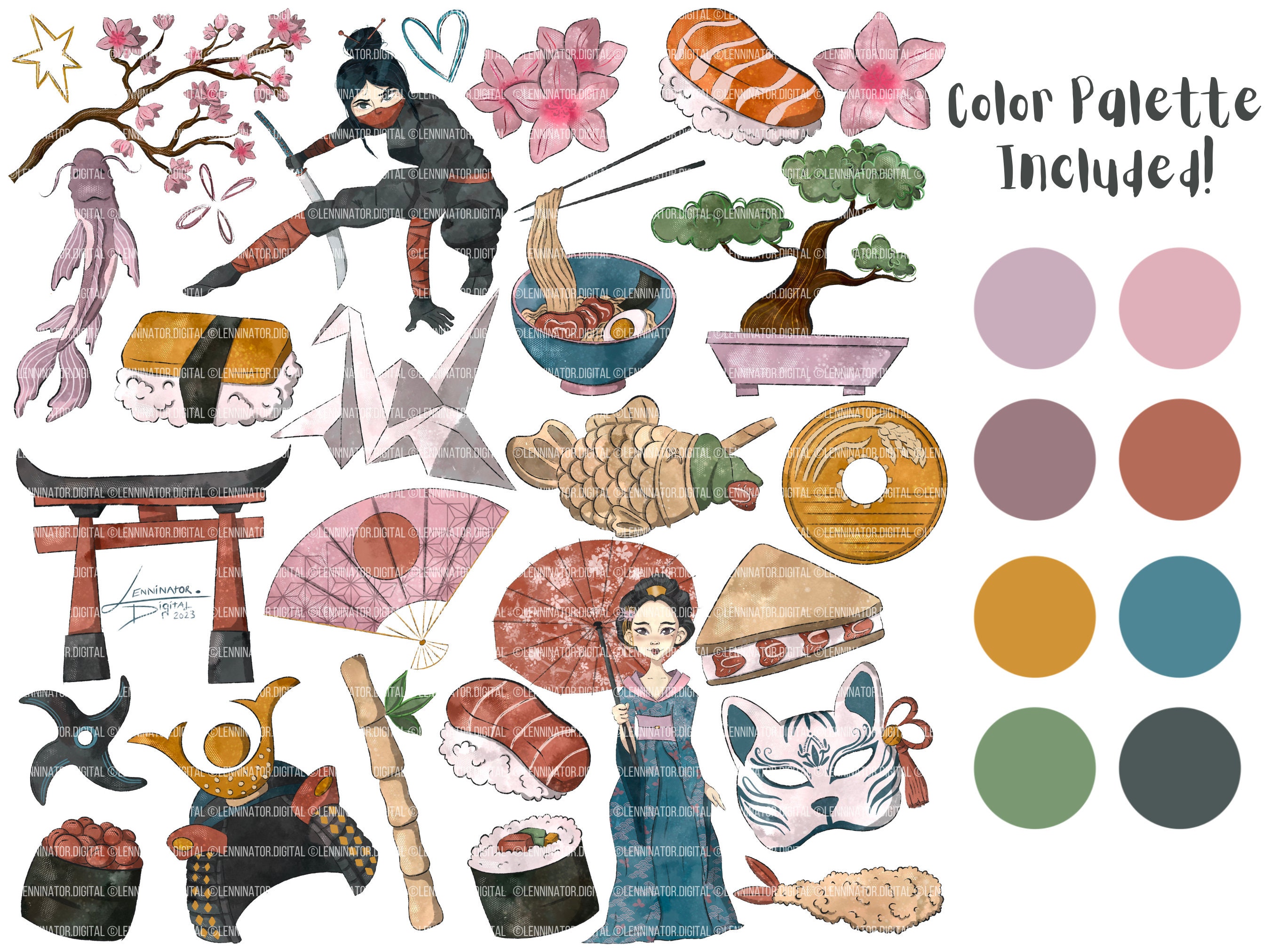 Hand Drawn Japan Clipart Set PNG Digital Watercolor Planner Stickers ...