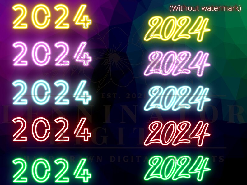 Neon 2024 NYE Clipart Bundle, New Years Eve Glowing PNG Illustrations ...