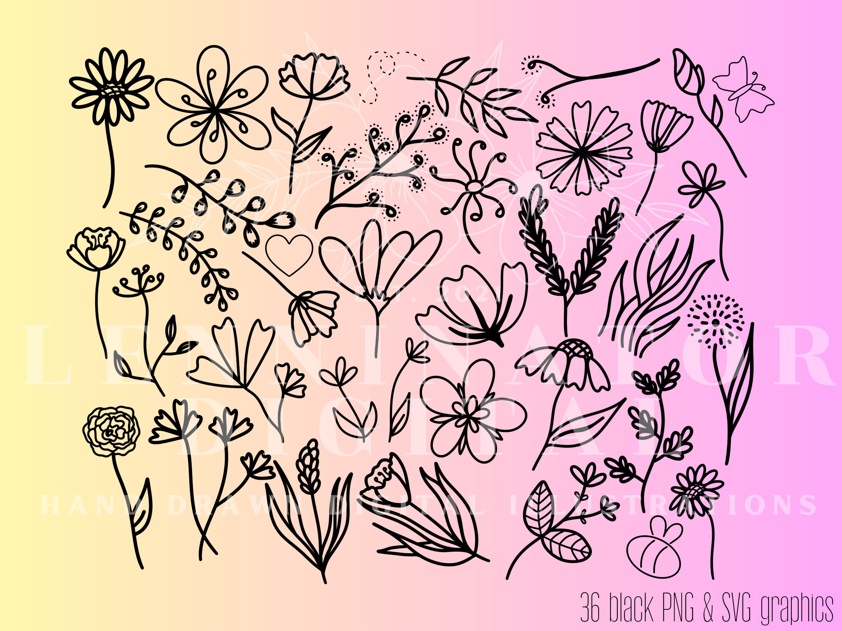 Simple Wildflower Doodle Clipart SVG PNG Modern Lineart Illustration ...