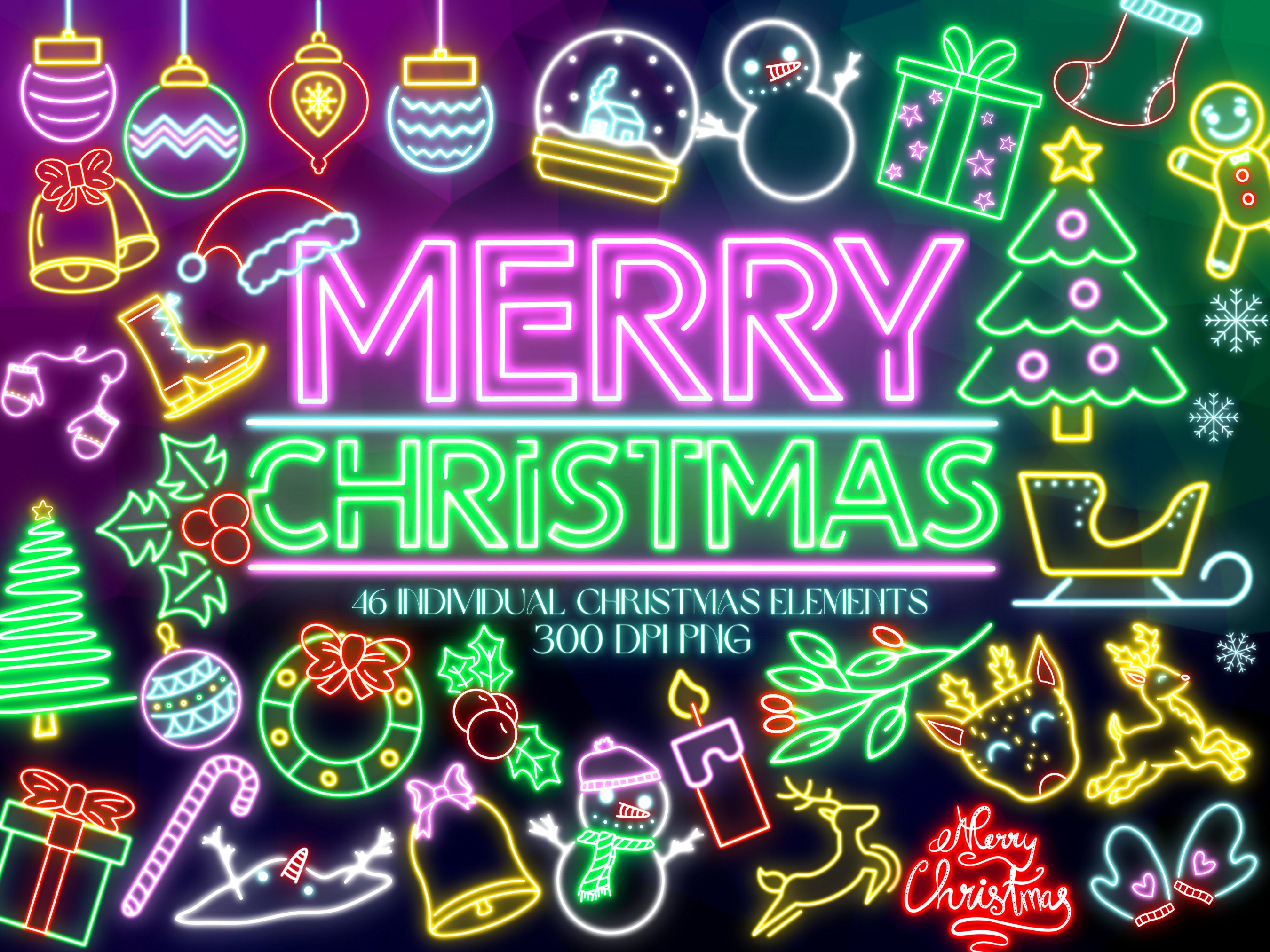 Neon Christmas Clipart Bundle, Hand Drawn Glowing Winter Holiday ...