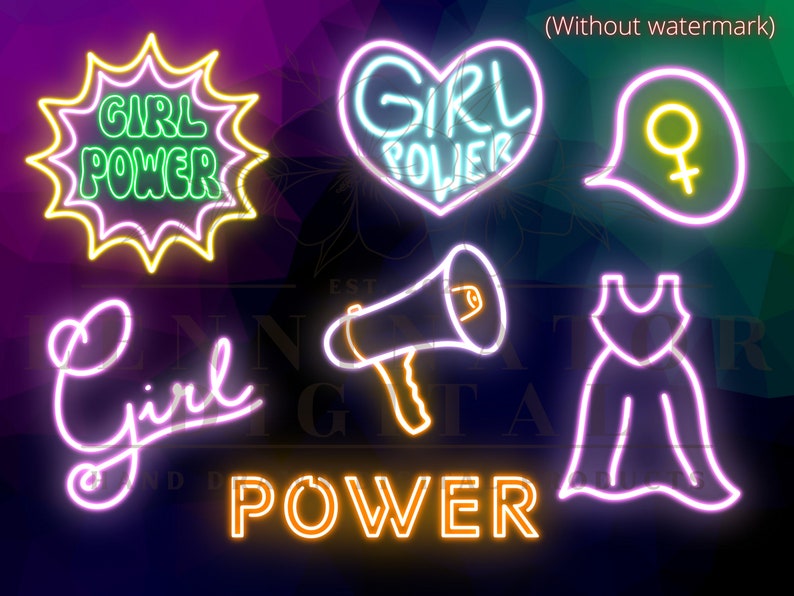Neon Girl Clipart Bundle, PNG Feminism Digital Sticker, Glowing Girly ...