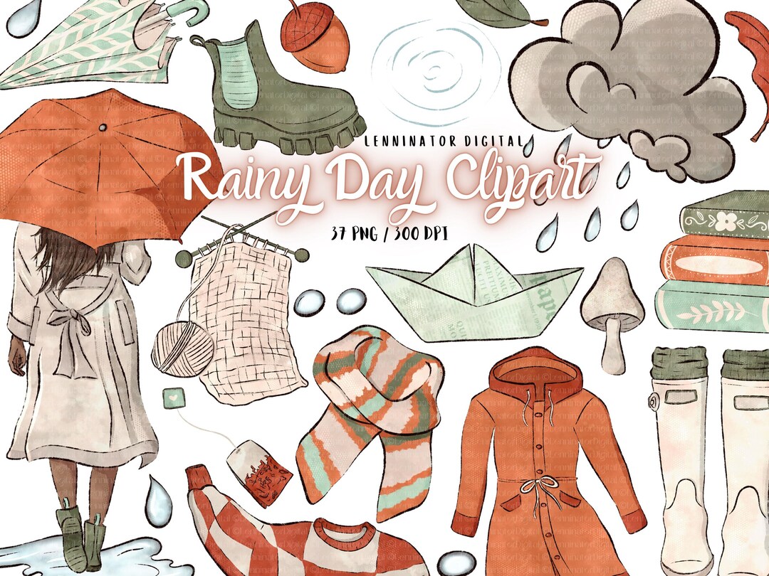 Watercolor Rainy Day Clipart - Cute PNG Autumn Rain Illustrations ...