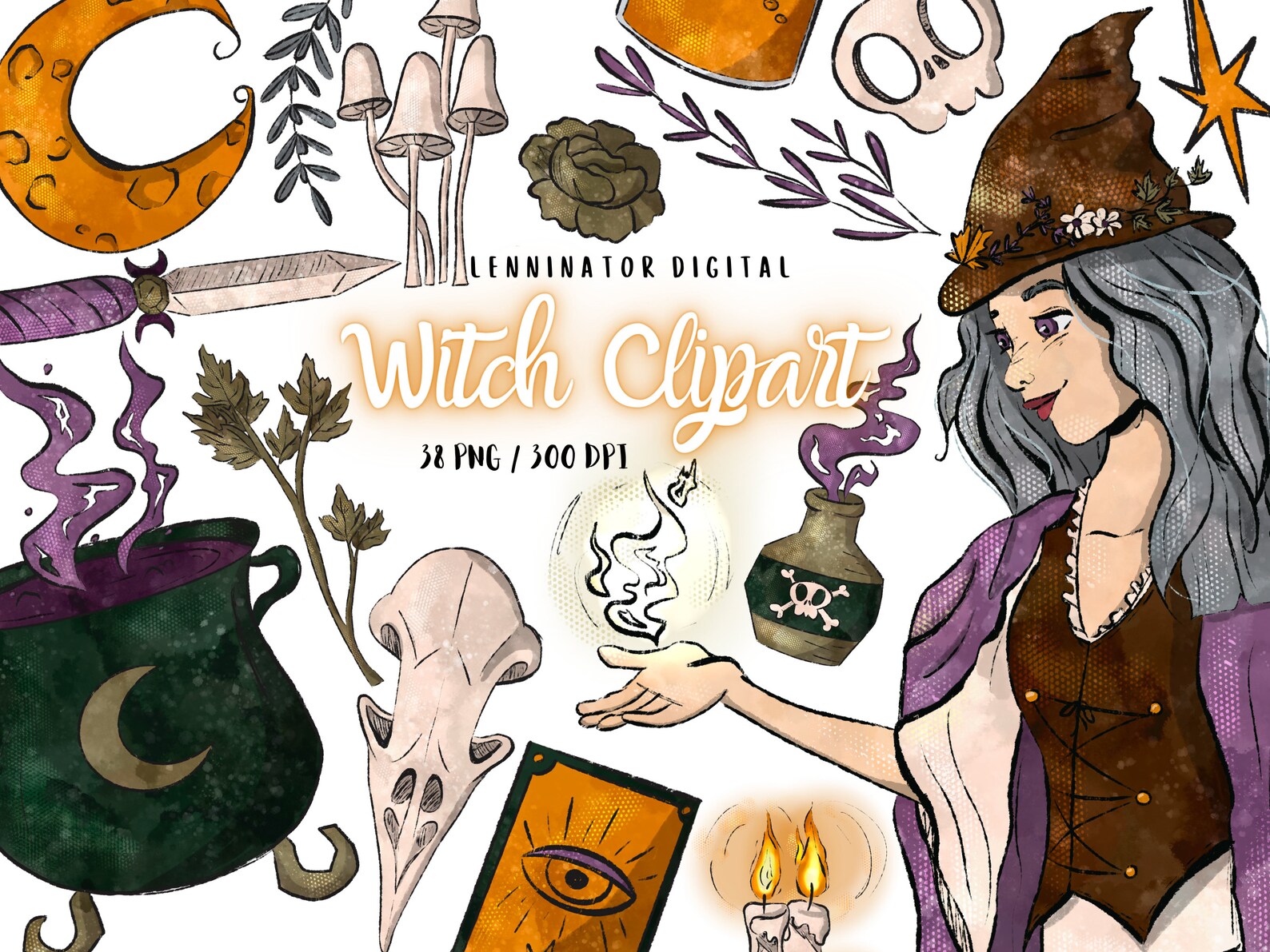 Watercolor Witch PNG Clipart Illustrations, Digital Hand Drawn Magic ...