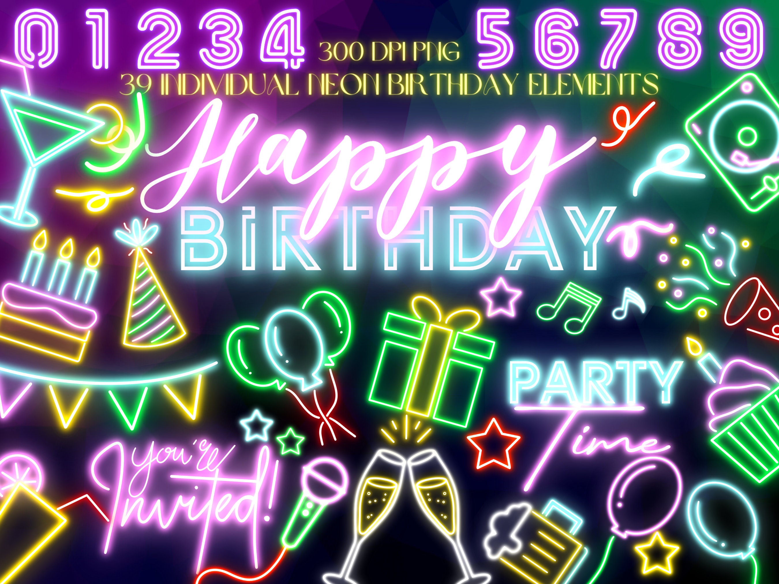 Neon Birthday Clipart Bundle | Happy Birthday Digital Download | Party ...
