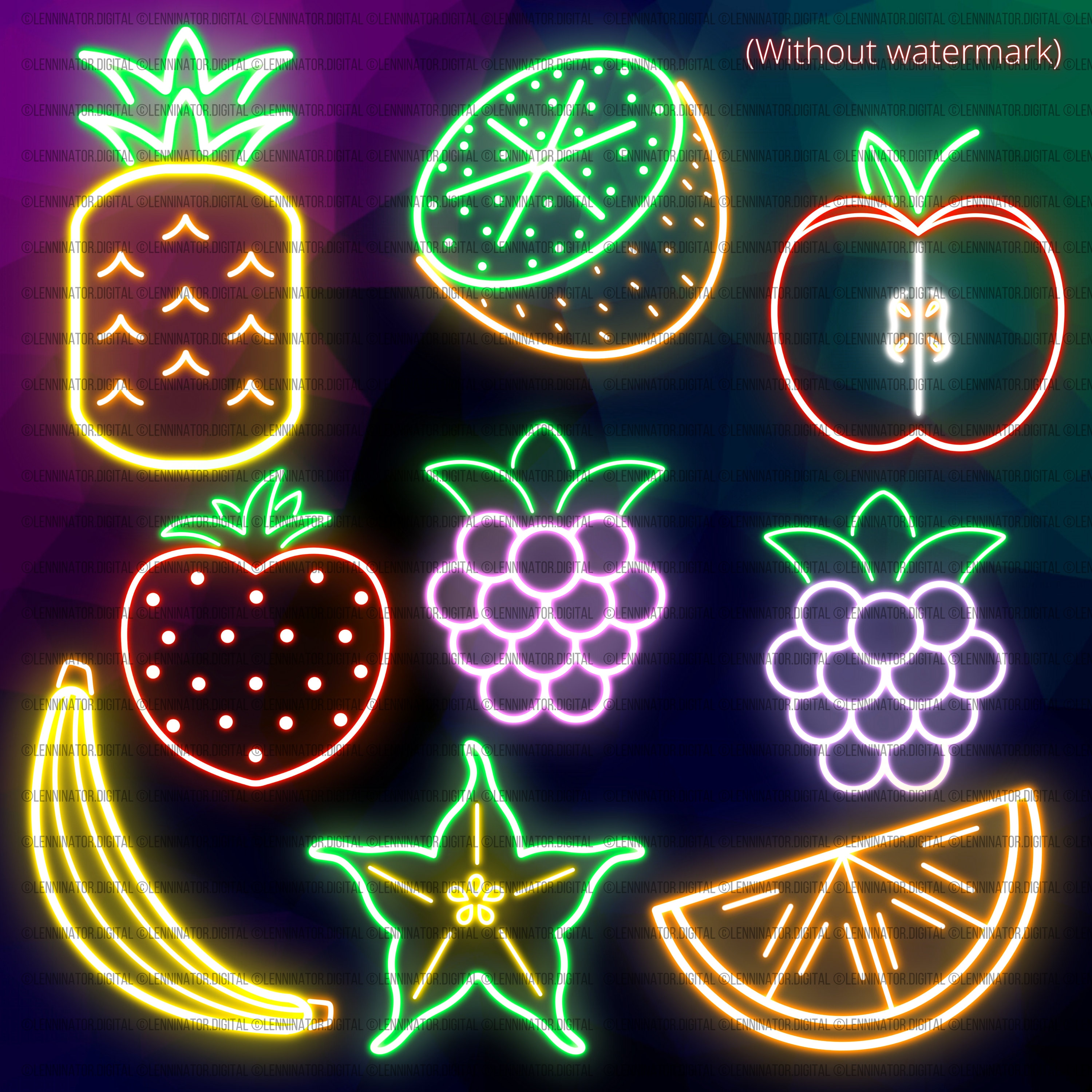 Tropical Neon Fruit Clipart Set - Exotic Hand Drawn PNG Digital ...