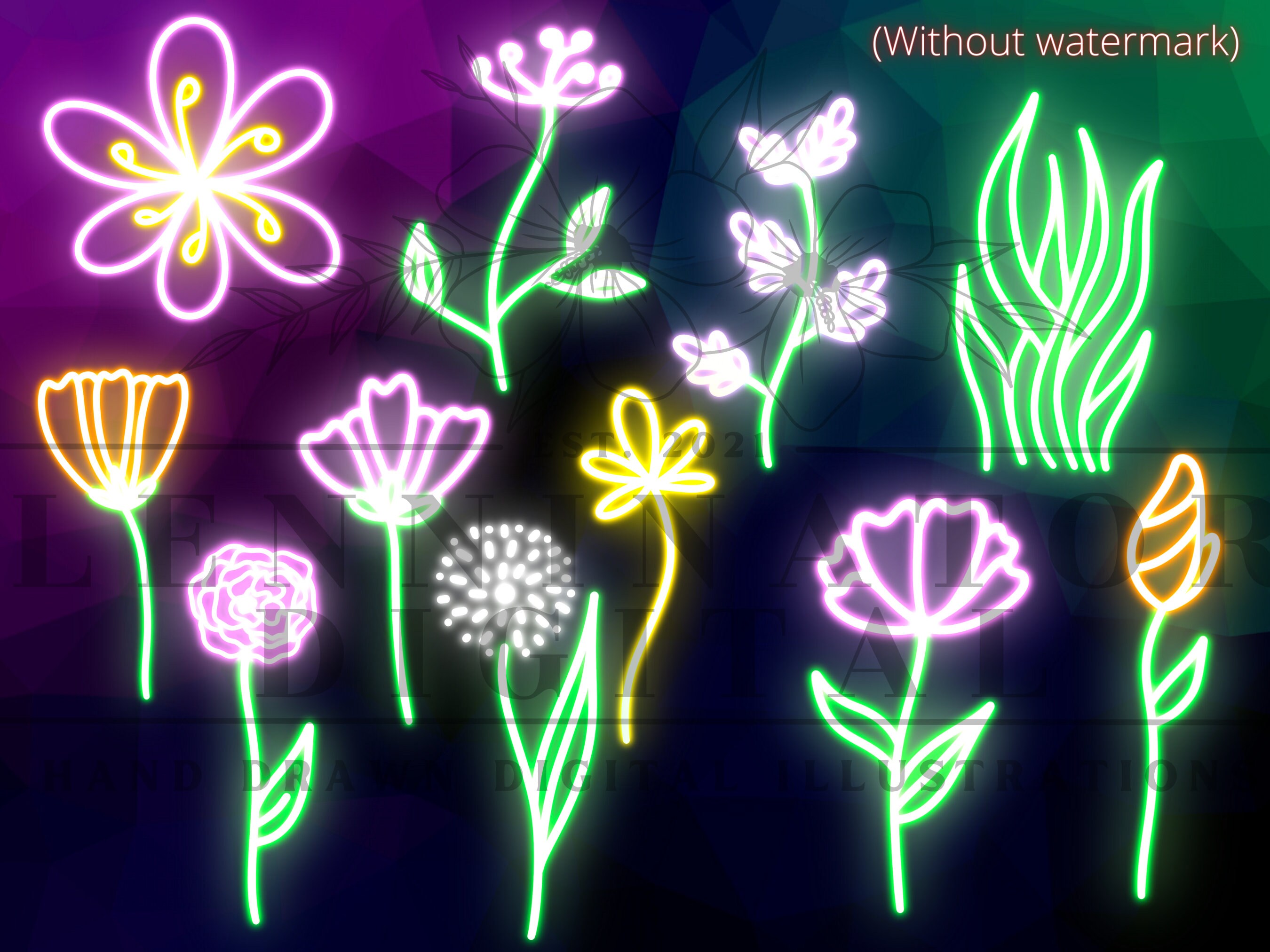 Neon Flower Clipart Set PNG Glowing Floral Planner Icon Illustrations ...