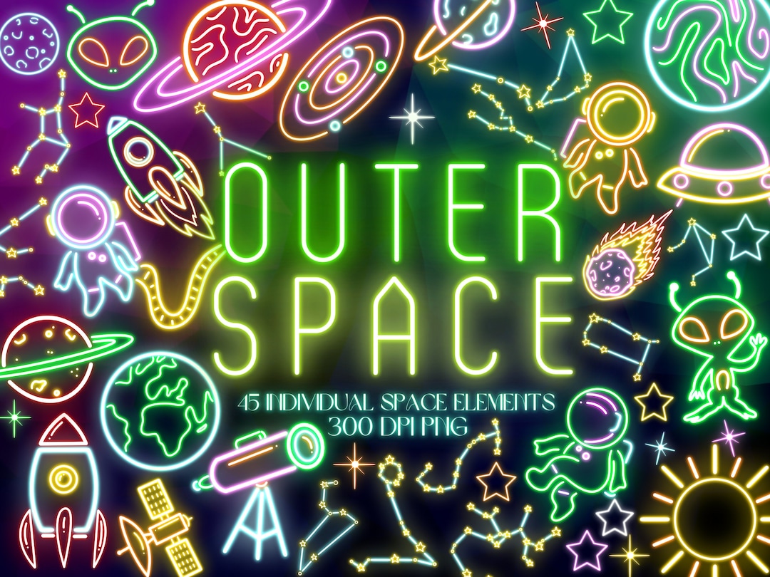Neon Space Clipart Bundle, Glowing Galaxy PNG Doodles, Celestial ...