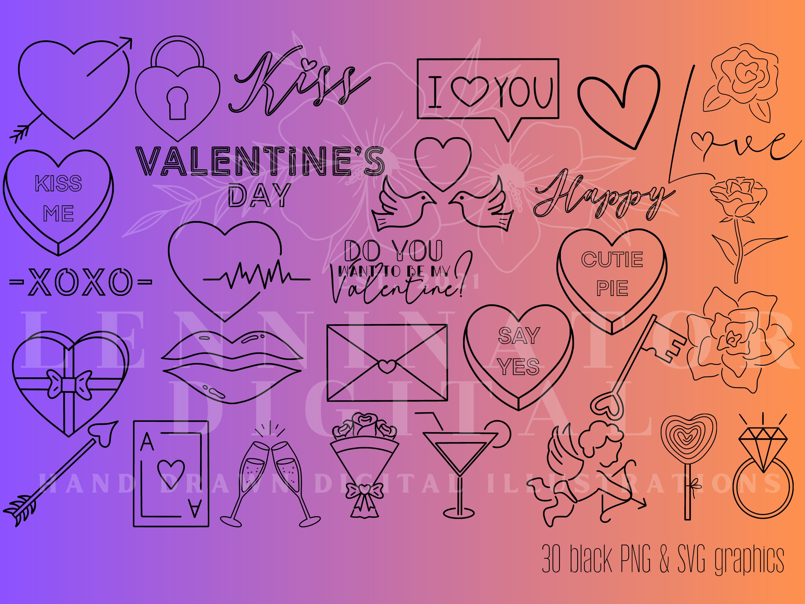 Love Doodles SVG PNG Clipart Bundle, Simple Black and White Love ...