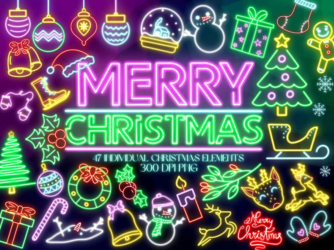 Neon Christmas Clipart Bundle, Hand Drawn Glowing Winter Holiday ...