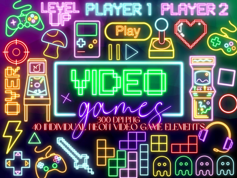 Neon Video Game Clipart Bundle Retro Games Digital Download - Etsy