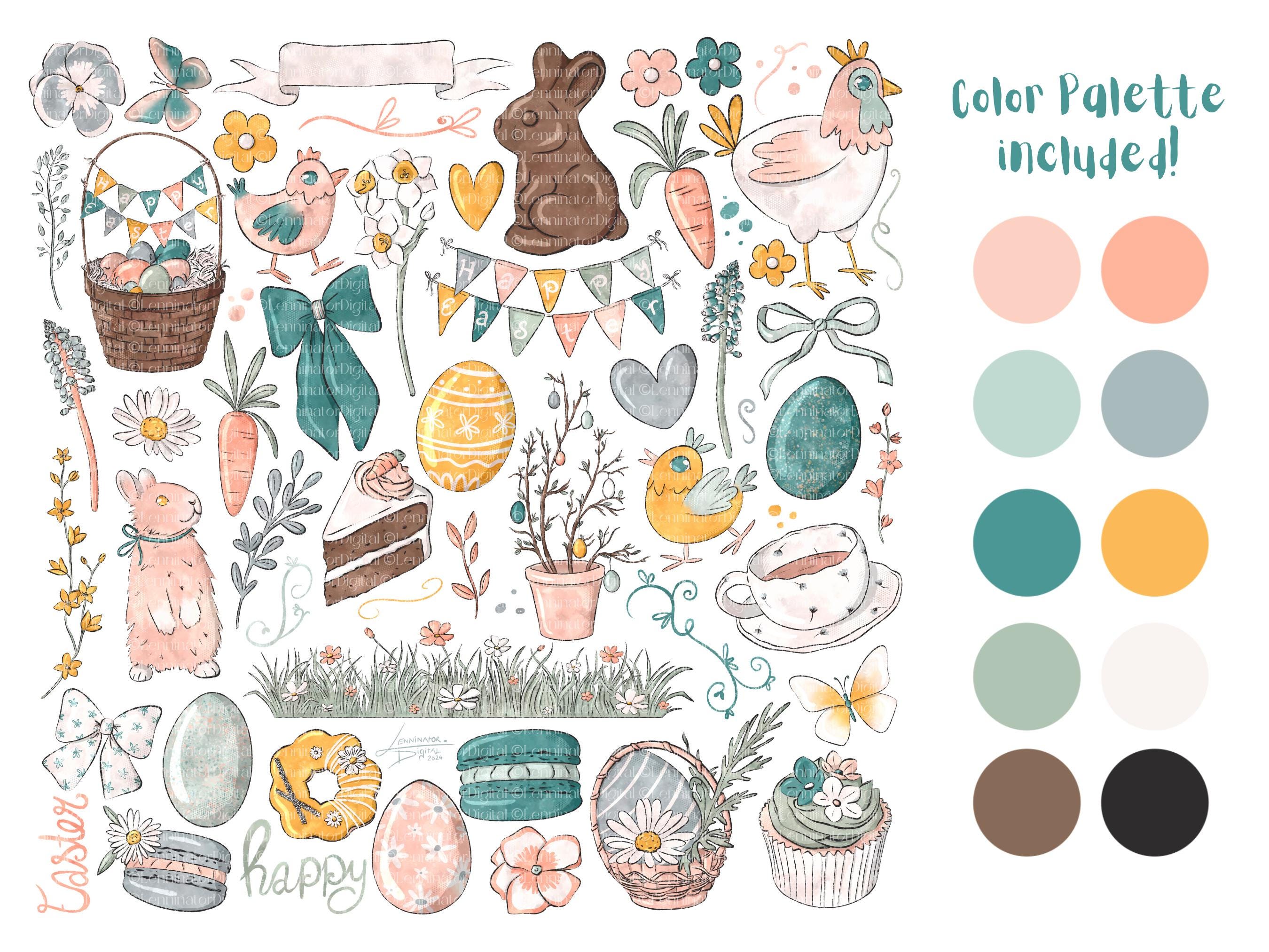 Happy Easter Clipart: Watercolor Bunny, Eggs, Flowers and Chocolates ...