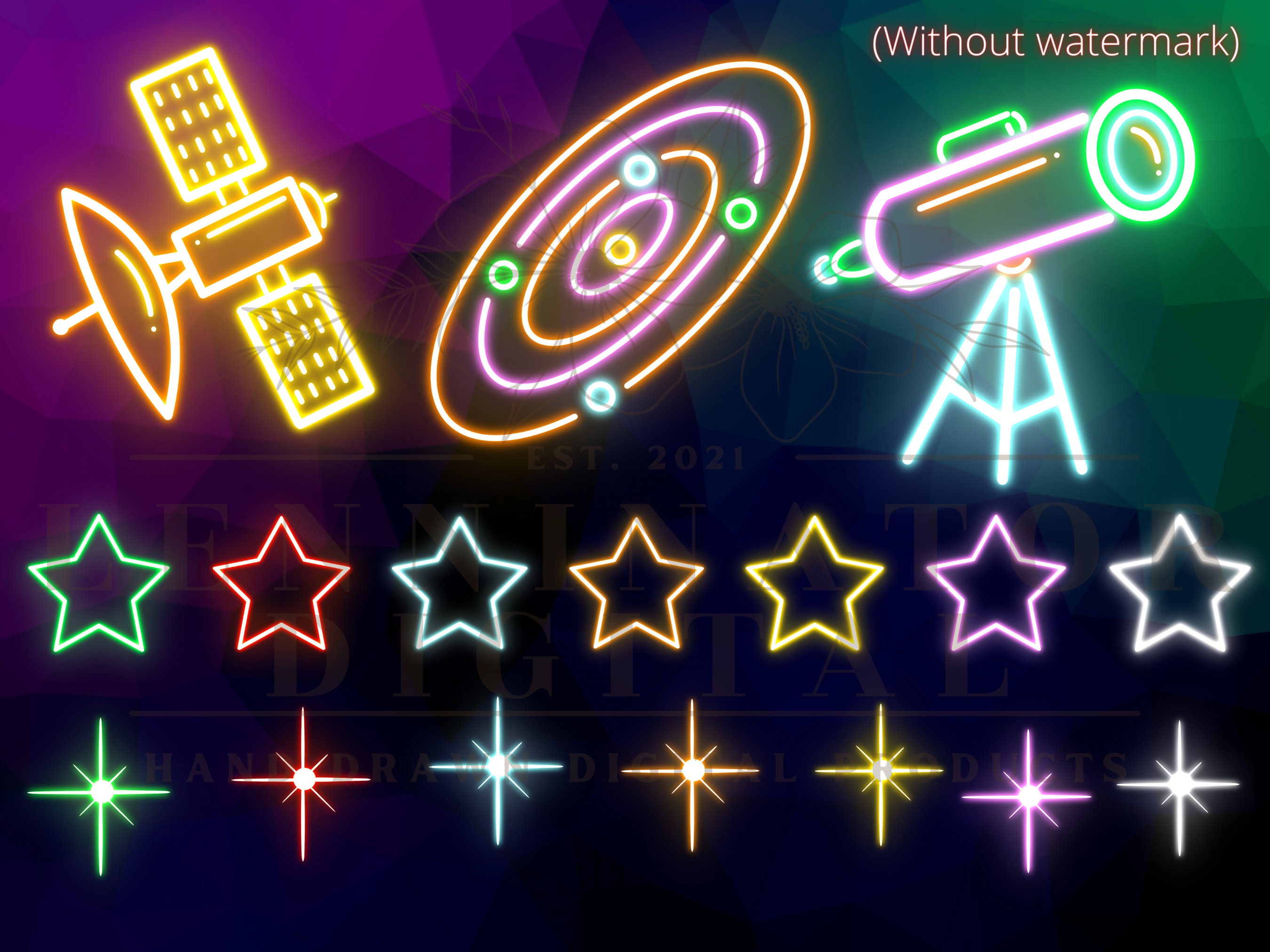 Neon Space Clipart Bundle, Glowing Galaxy PNG Doodles, Celestial ...