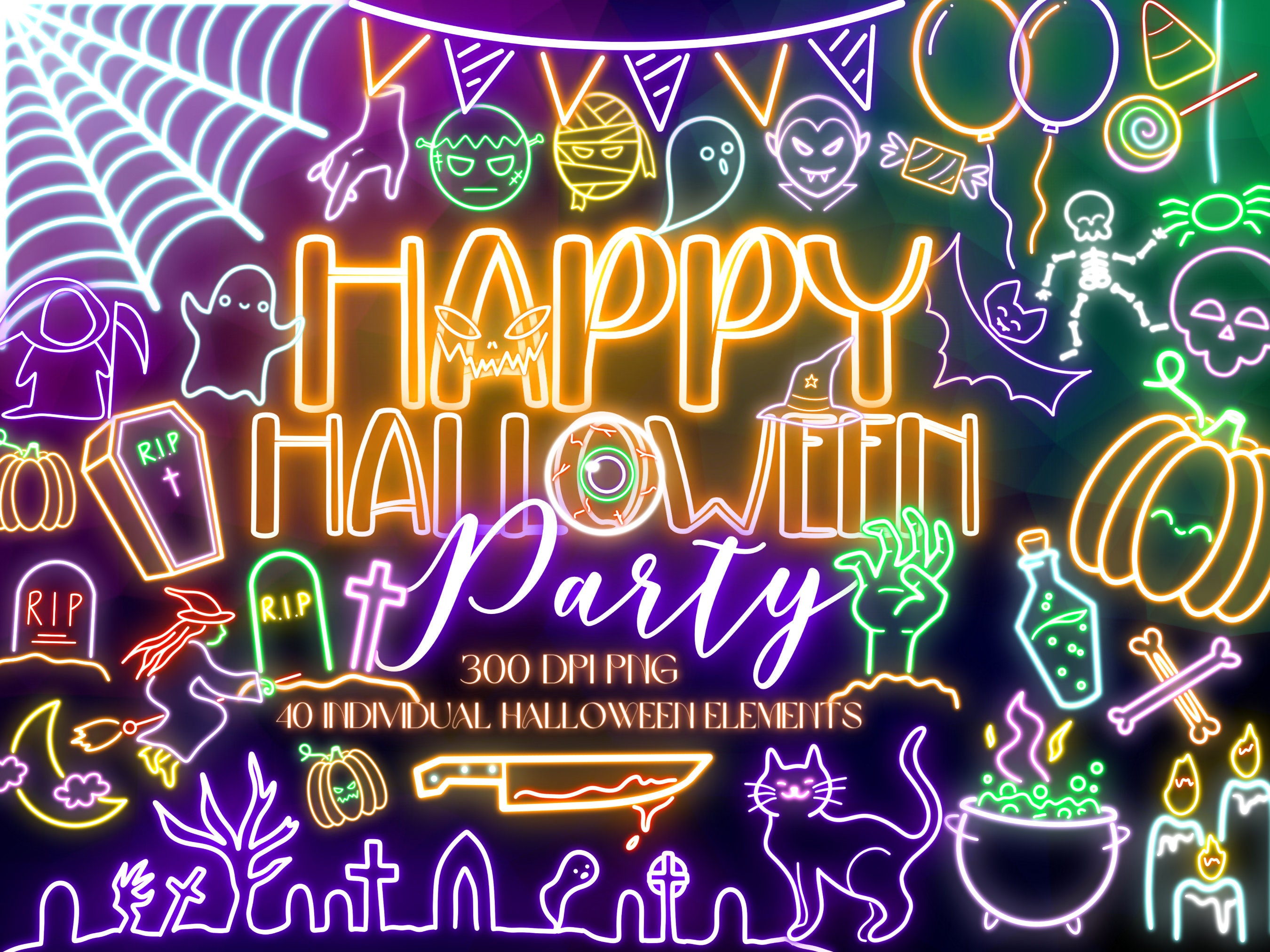 Neon Halloween Party Clipart Set Glowing Digital Spooky Season Neon Halloween Party Clipart Set Glowing Digital Spooky Season