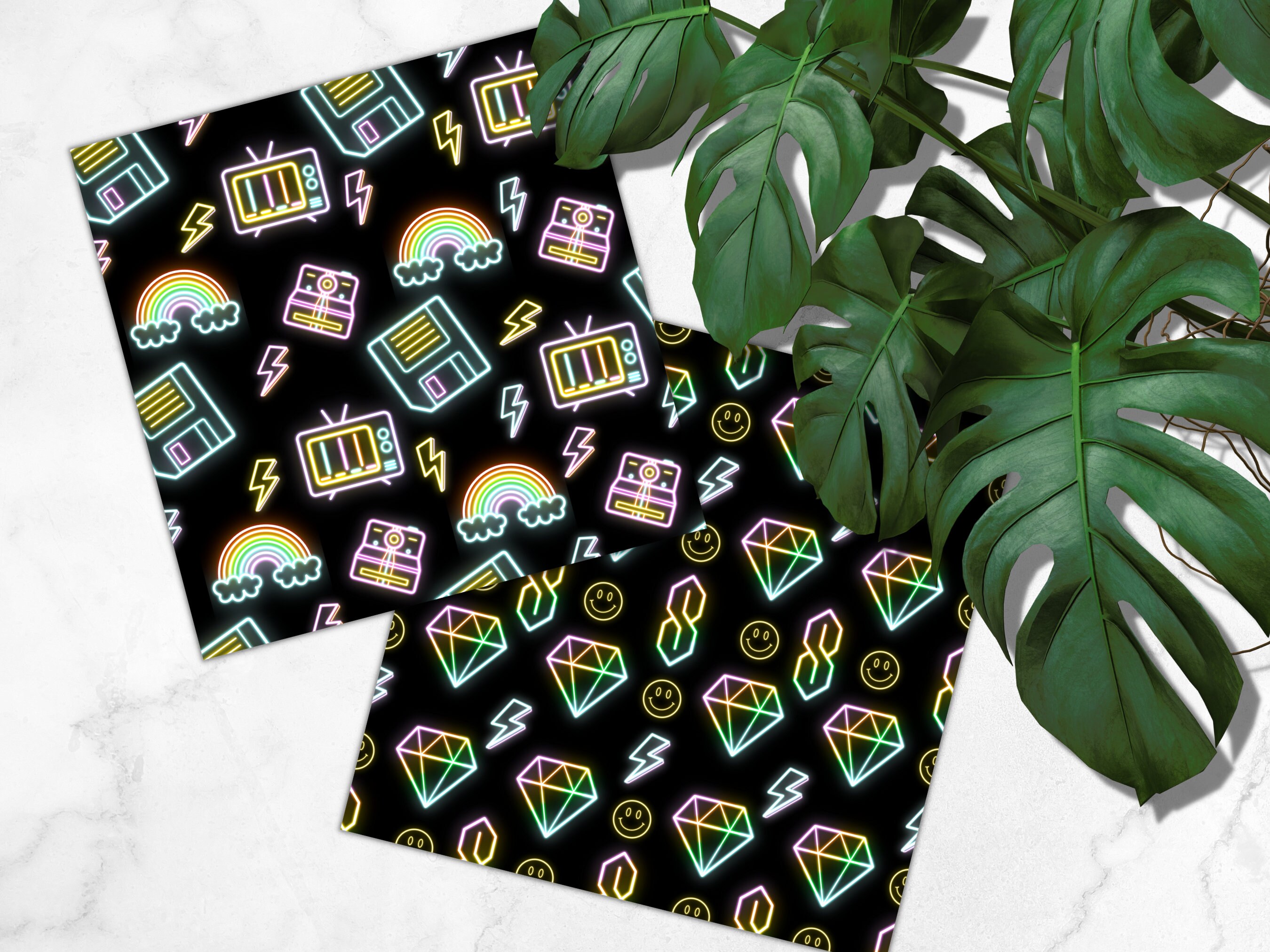 Retro Nostalgic 90's Neon Digital Paper Set, Eighties Ninteties Glowing ...