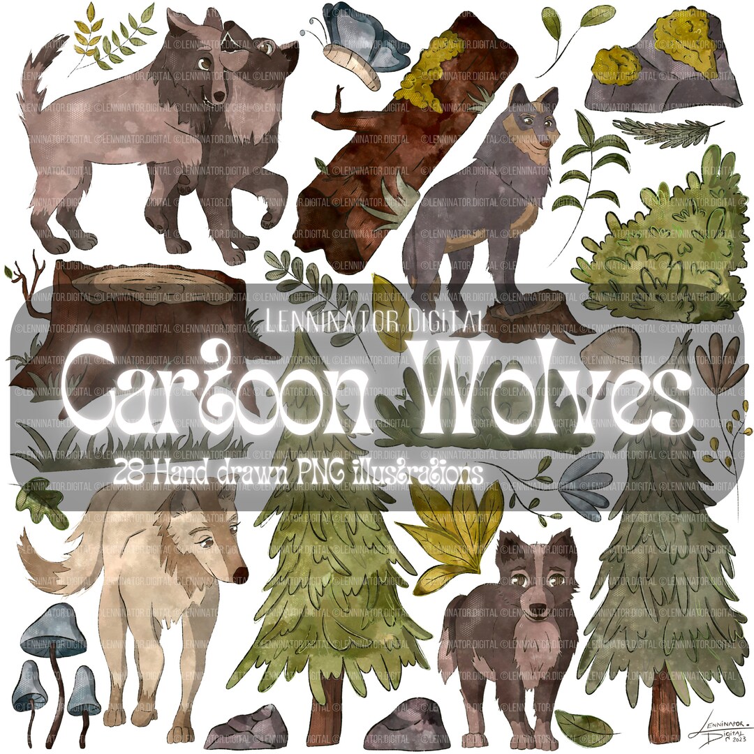 Hand Drawn Cartoon Wolves Clipart Set PNG, Cute Watercolor Wolf Family ...
