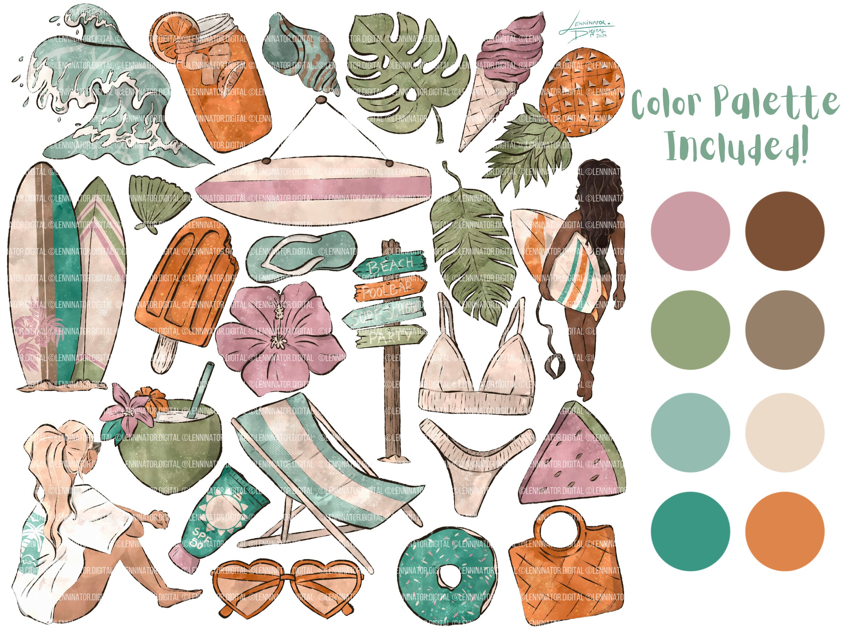 Surfer Girl PNG Clipart Set - Hand Drawn Pastel Watercolor Texture ...