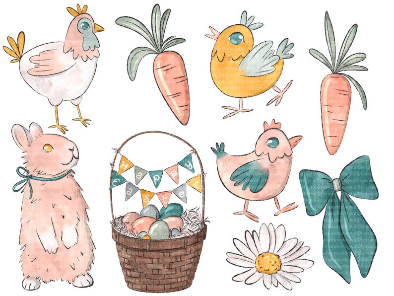 Happy Easter Clipart: Watercolor Bunny, Eggs, Flowers and Chocolates ...