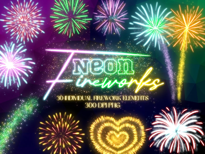 Neon Fireworks Clipart Bundle, Glowing PNG Digital Stickers ...