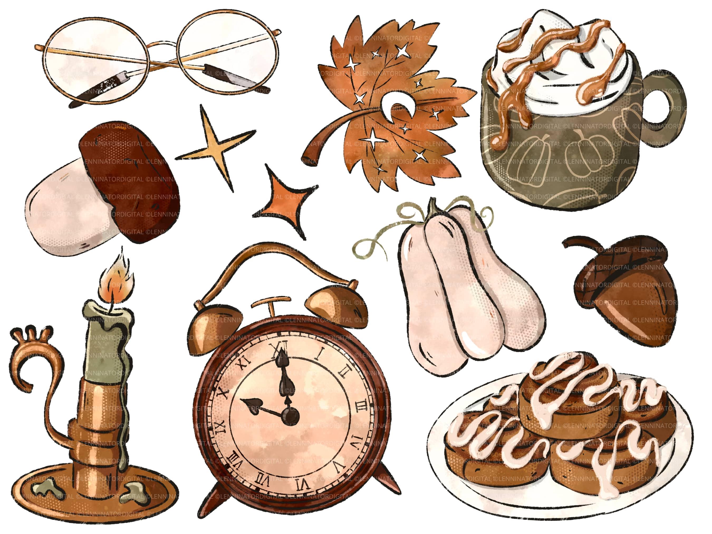 Vintage Fall Clipart Set: 37 Hand Drawn PNG Autumn Illustrations With ...