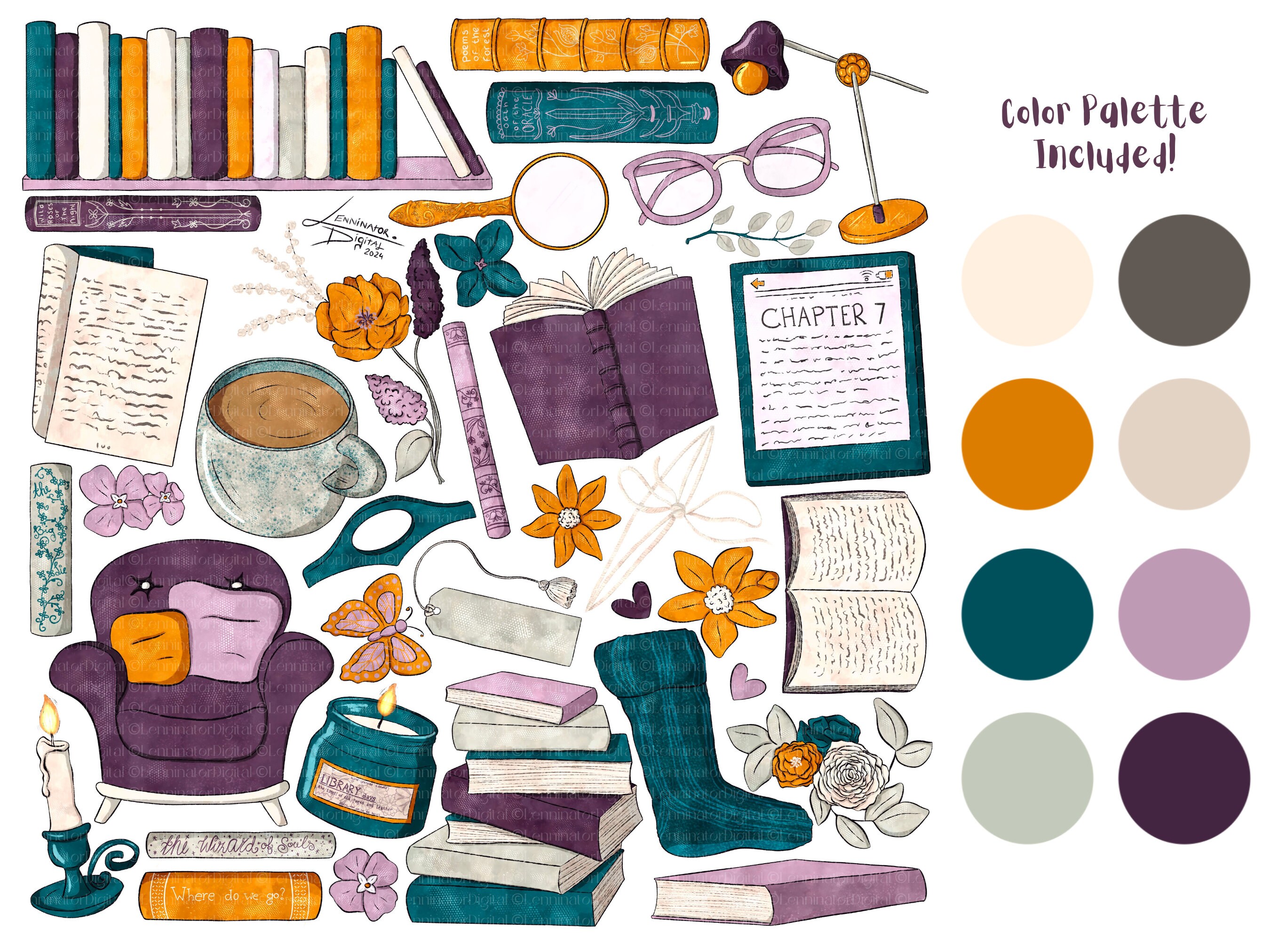 Watercolor Book Lover Clipart Hand Drawn PNG Vintage Books Cozy Library ...