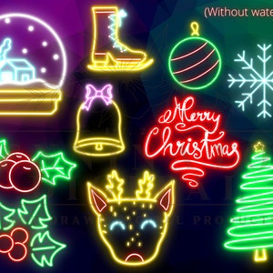Neon Christmas Clipart Bundle, Hand Drawn Glowing Winter Holiday ...