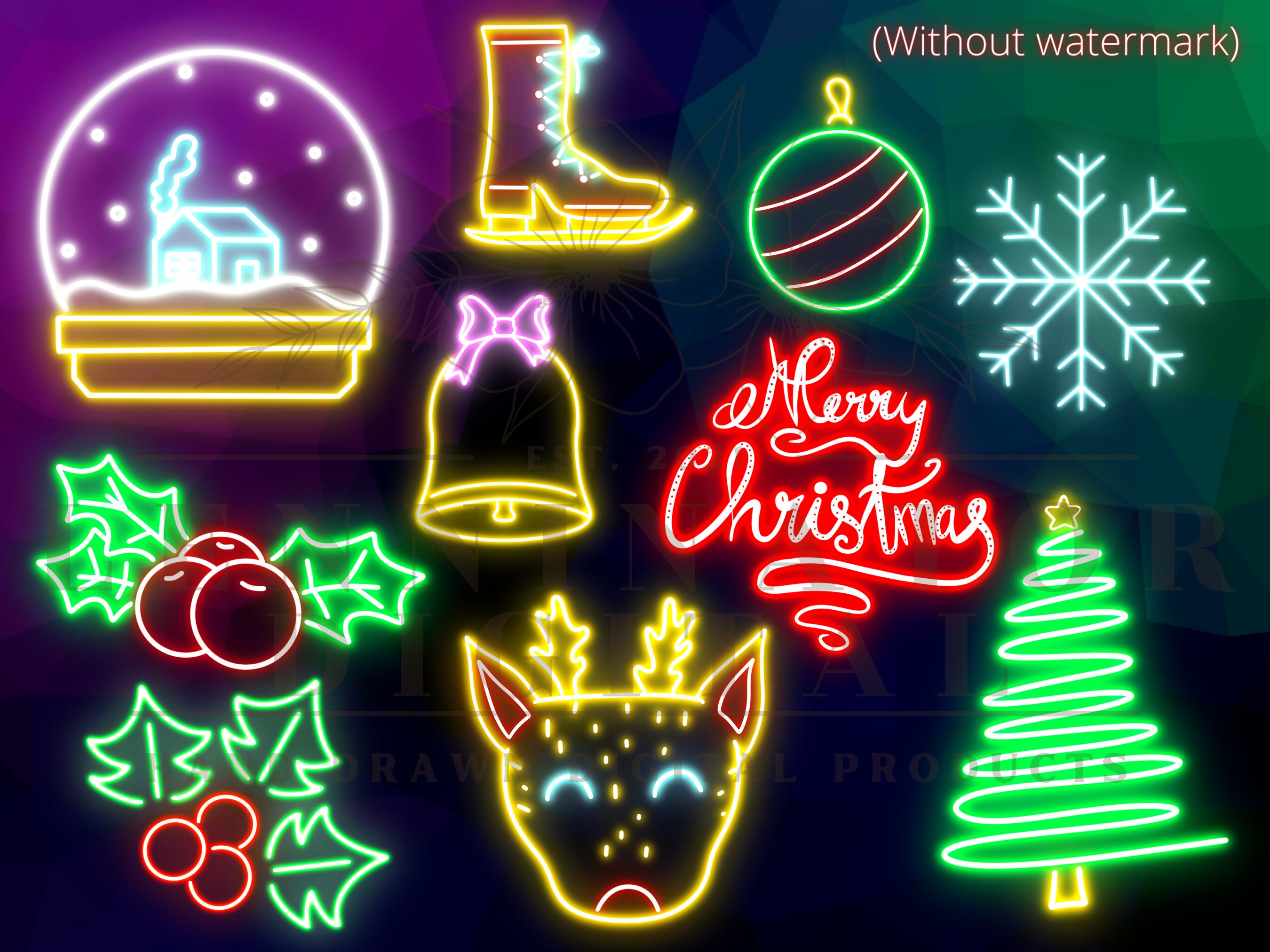 Neon Christmas Clipart Bundle, Hand Drawn Glowing Winter Holiday ...