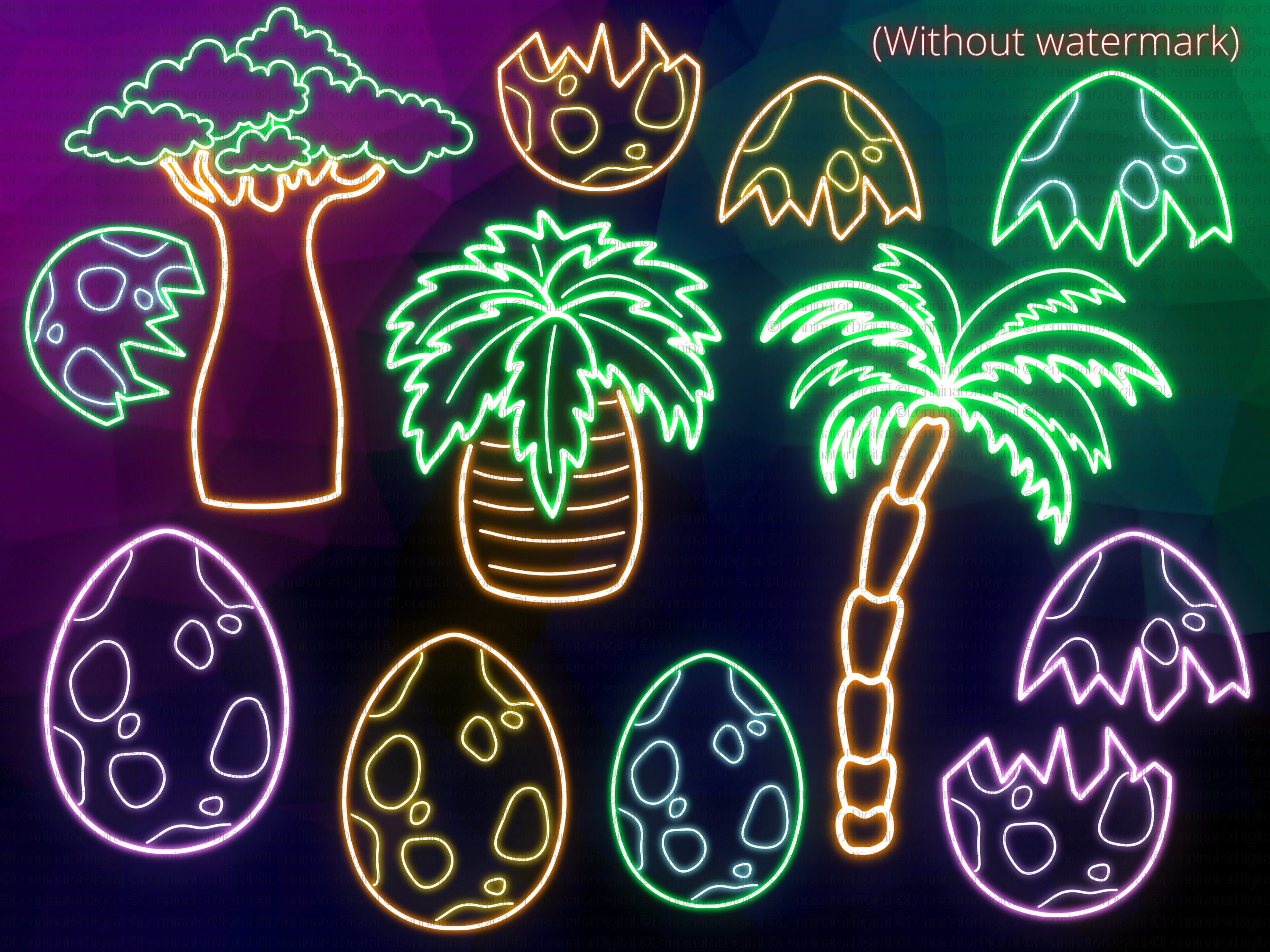 Neon Dinosaur Clipart PNG - Jurassic Dino Doodle Stickers - Glowing ...