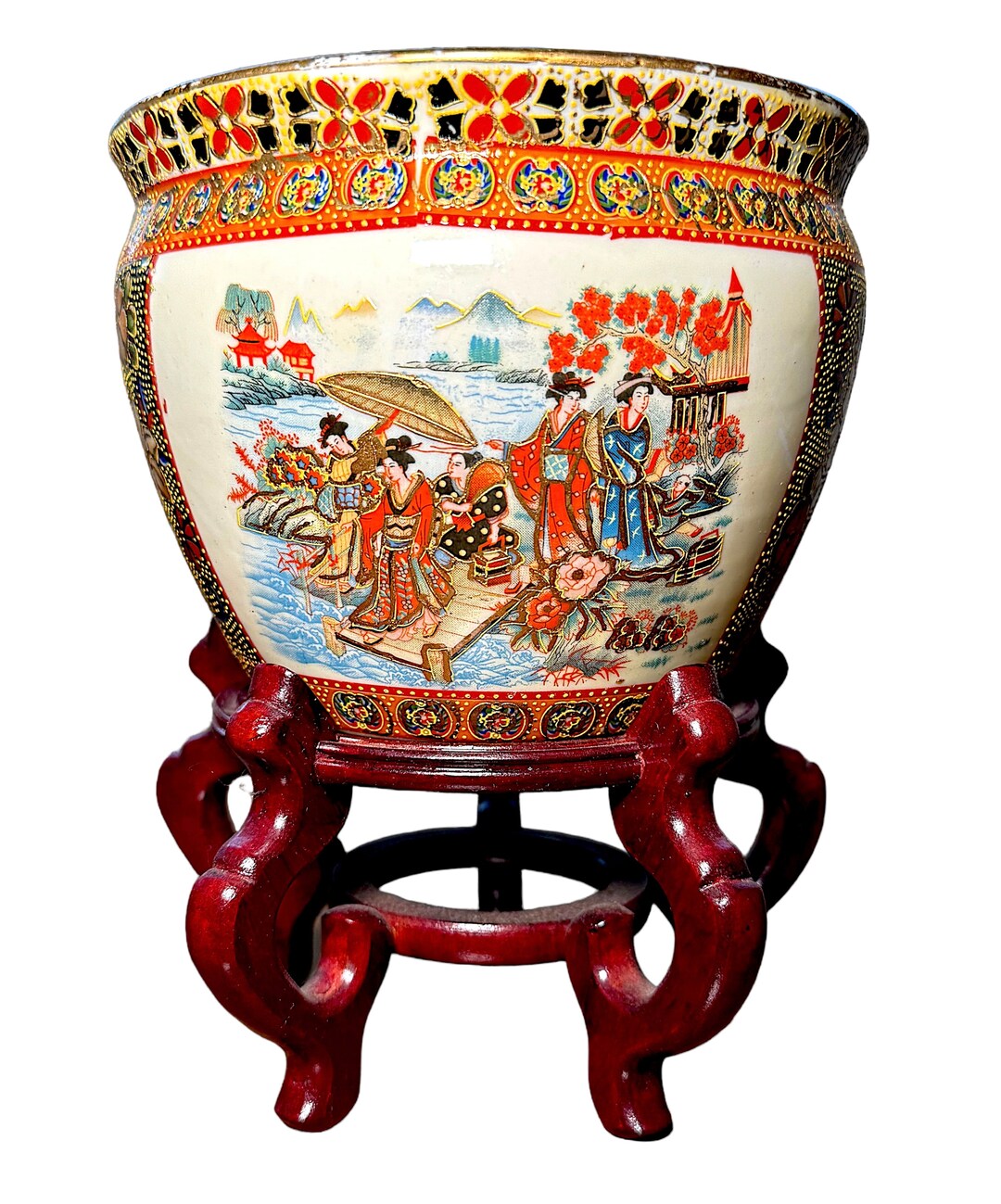 Vintage Porcelain Chinese Planter Pot on Wooden Stand - Etsy