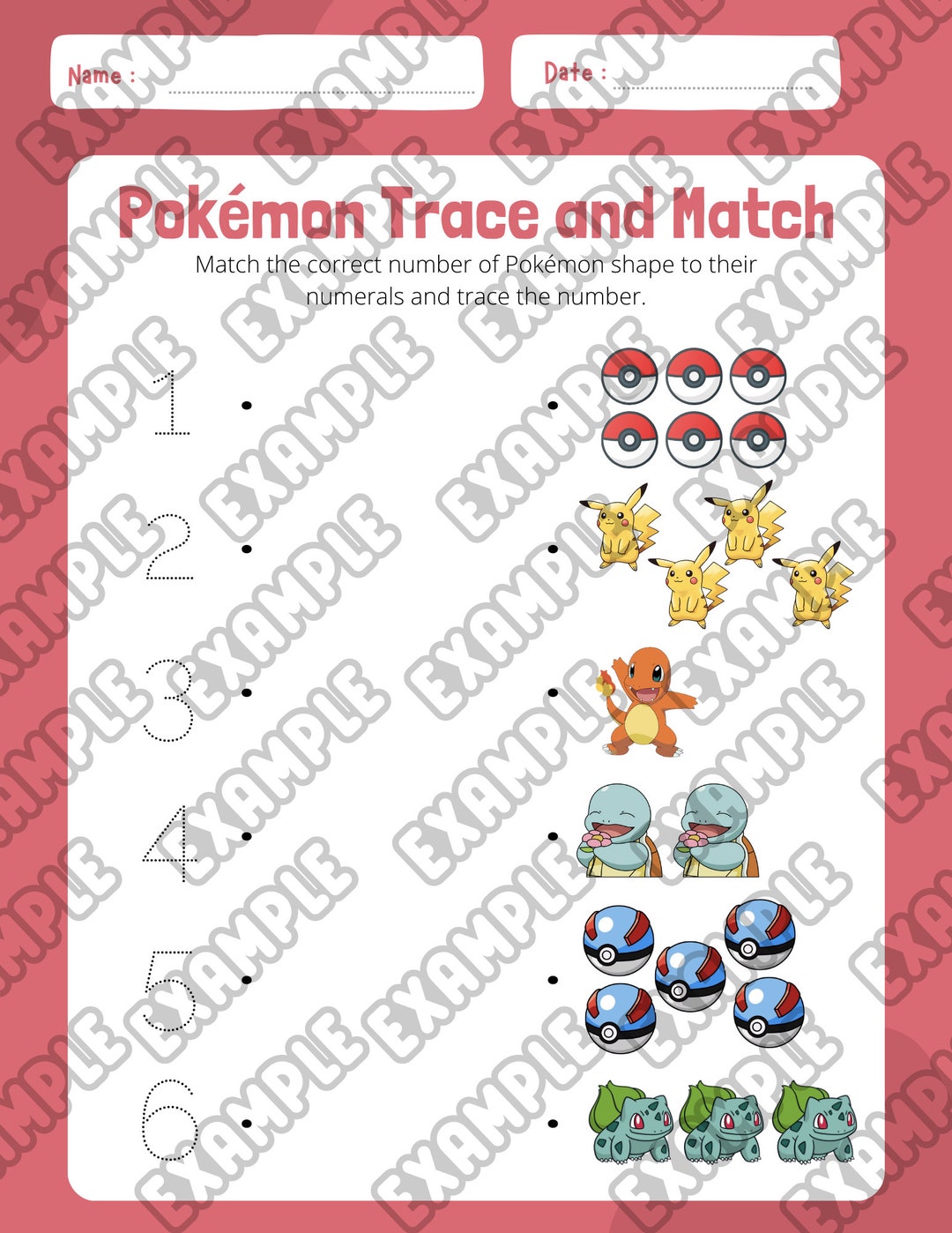Pokémon Trace and Match Worksheet - Etsy
