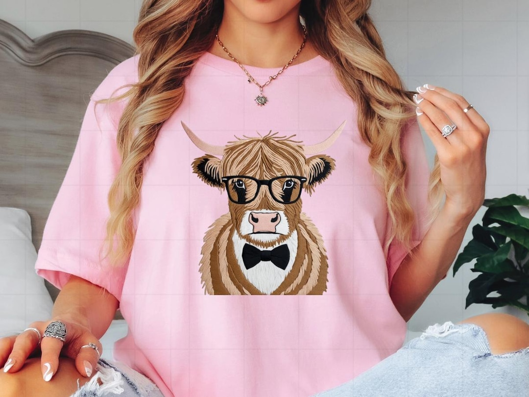 Preppy Highland Cow PNG, Fancy Cow With Bow Tie PNG, Faux Embroidered ...