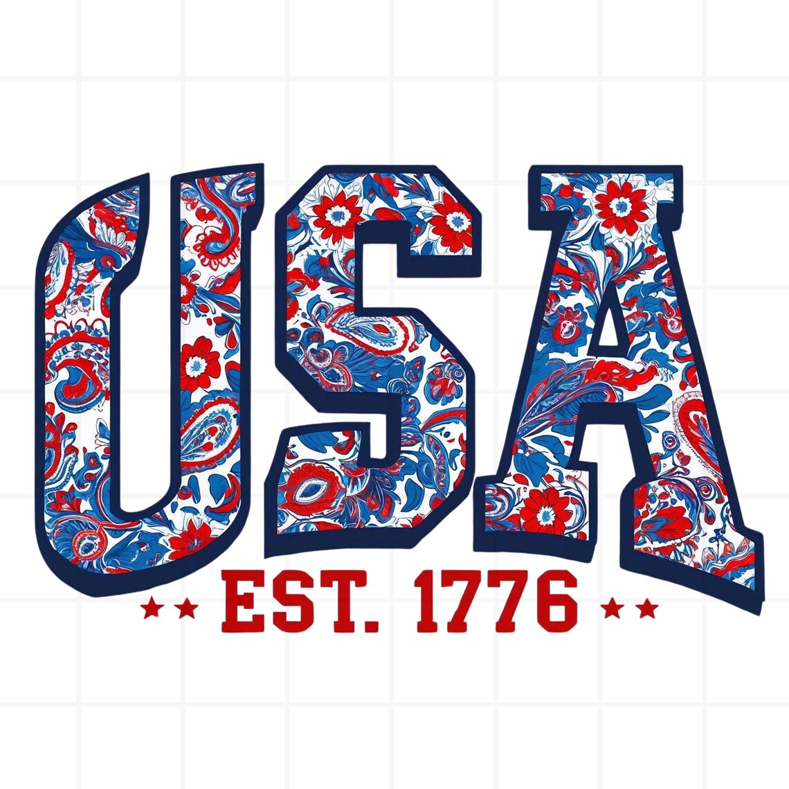 USA Block Letters Png | Red White and Blue Floral USA Design | EST ...