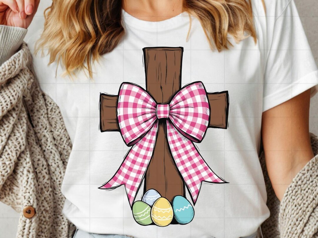 Rustic Easter Cross PNG, Coquette Gingham Bow, Easter Eggs, Sublimation ...