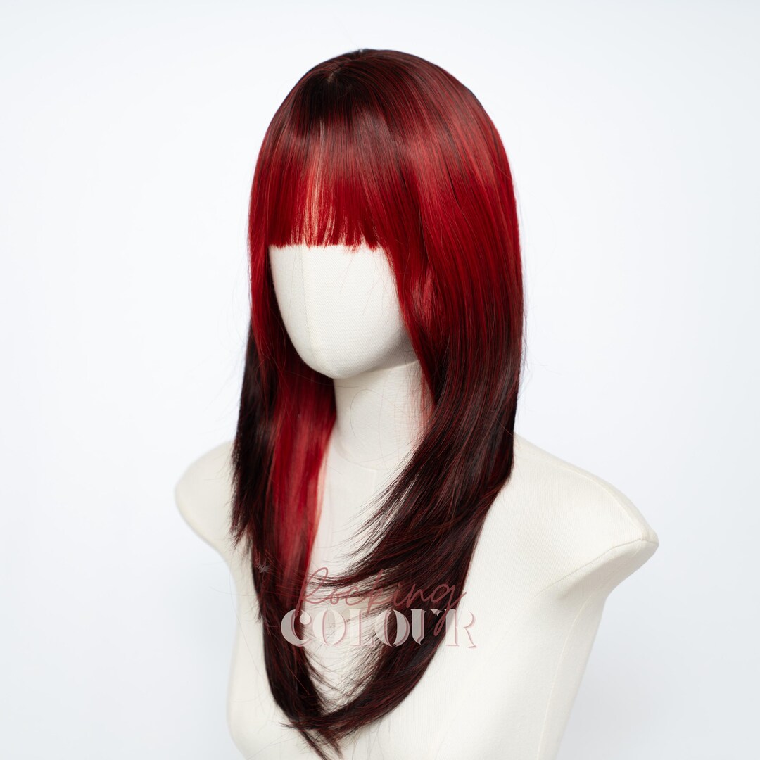 Red and Black Ombre Wig With Bangs | 20-inch Straight Synthetic Hair - Etsy
