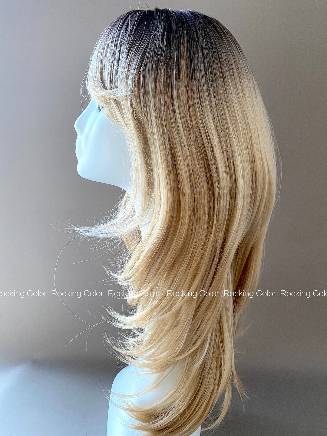 Blonde Ombre Layered Cut Wig With Bangs, 22-inch Long Dark Root Hair ...